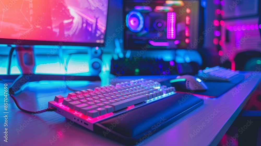 Gaming keyboard with RGB light. White mechanical keyboard and mouse ...