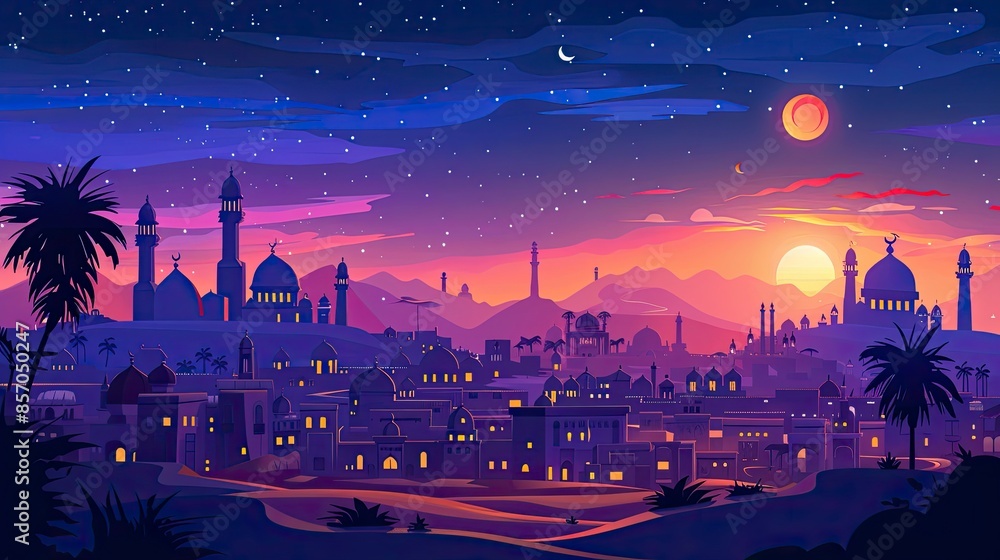 Arabian cityscape. Sunset town scenery. Mosque and house silhouettes ...