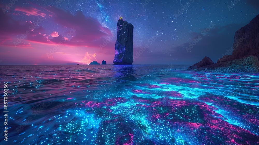 A towering spire of iridescent rock rises from a vibrant sea of ...