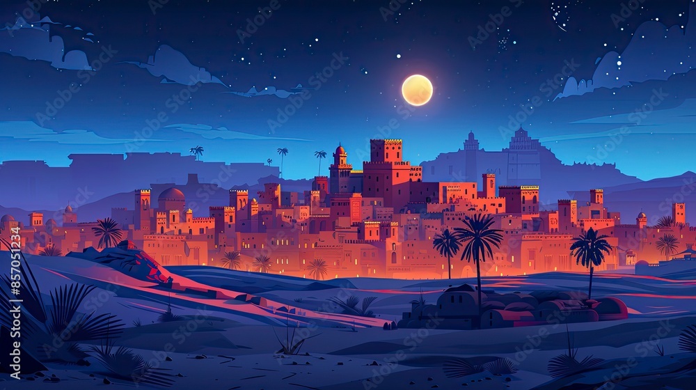 Arabian cityscape. Sunset town scenery. Mosque and house silhouettes ...