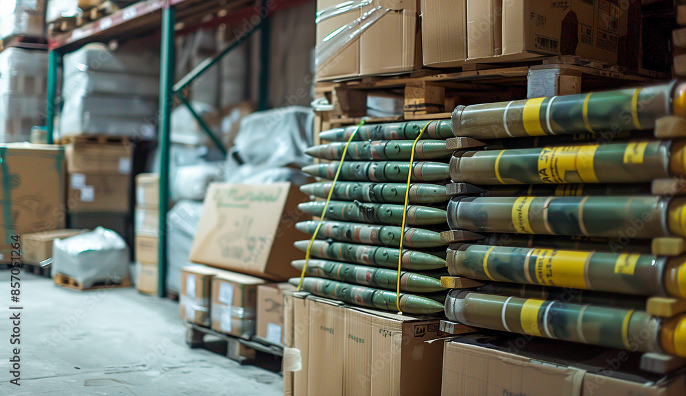 A stack of green and yellow rocket propelled grenades in a warehouse ...
