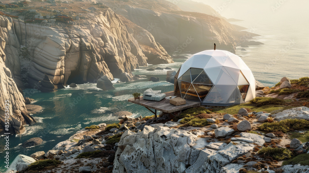 Ilustrace „a futuristic geodesic dome luxury tent set up on a cliffside ...