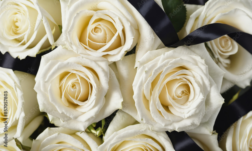Close-up of bouquet of white roses with black funeral ribbon ...