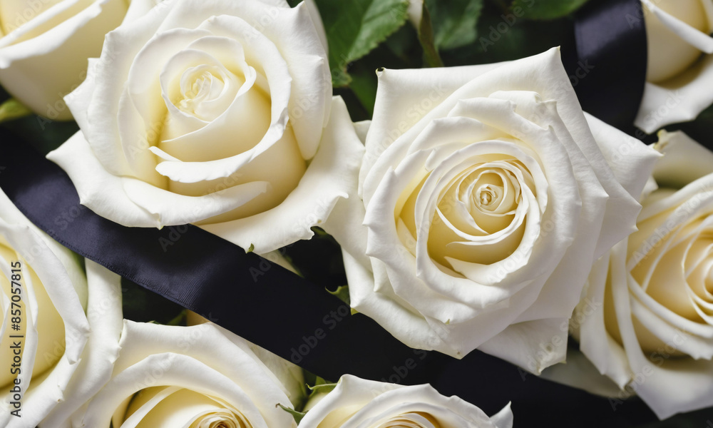 Close-up of bouquet of white roses with black funeral ribbon ...