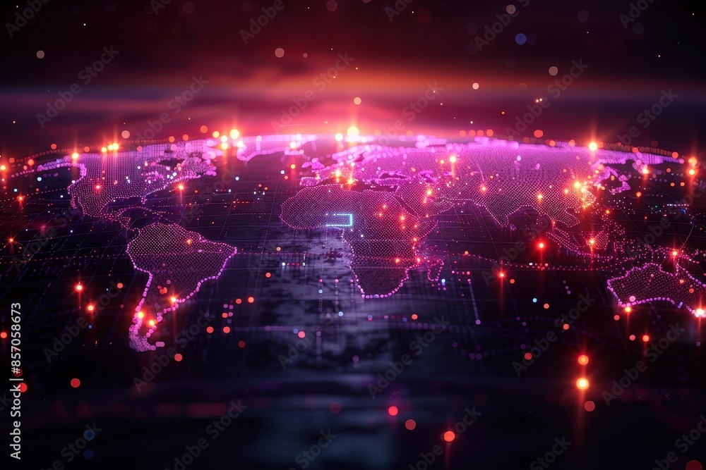 Digital world map with glowing red hotspots and city lights. Futuristic ...