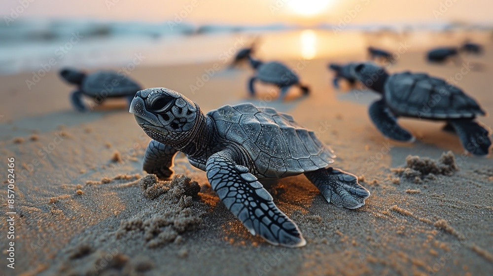 A family of sea turtles hatch from their sandy nest, making their first ...