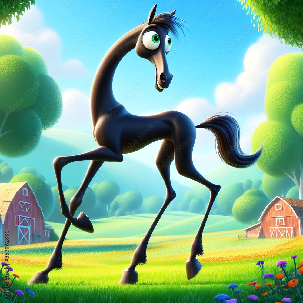 3D cute slender and clumsy horse cartoon. Agriculture and farm animals ...
