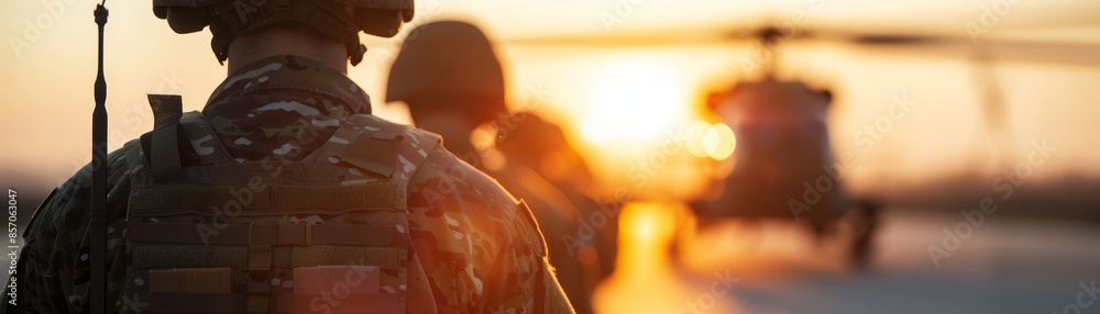 Soldier in military uniform standing against war background, concept of ...