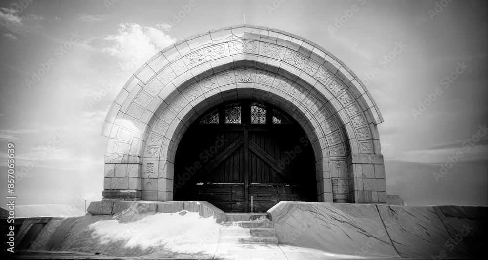 black and white image of a door and steps, a stone dilapidated gate ...