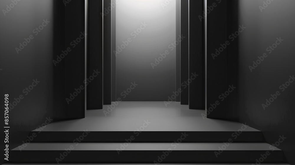 Empty black room with stairs and columns. Minimalistic architectural ...