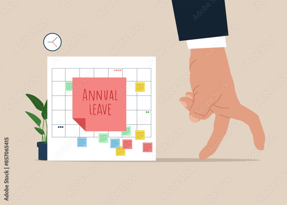 Human hand running from calendar with annual leave note. Annual leave ...