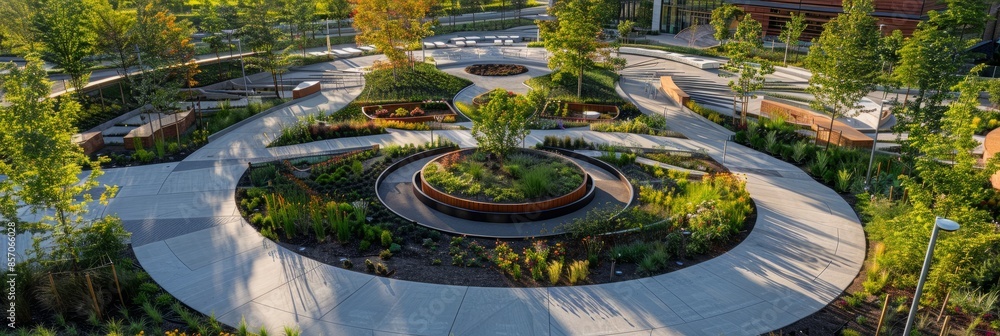An aerial view of a circular garden in an urban park, showcasing green ...