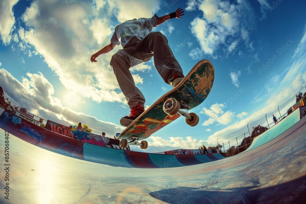 Through the fish eye lens, the enthusiastic skateboarder's gravity ...