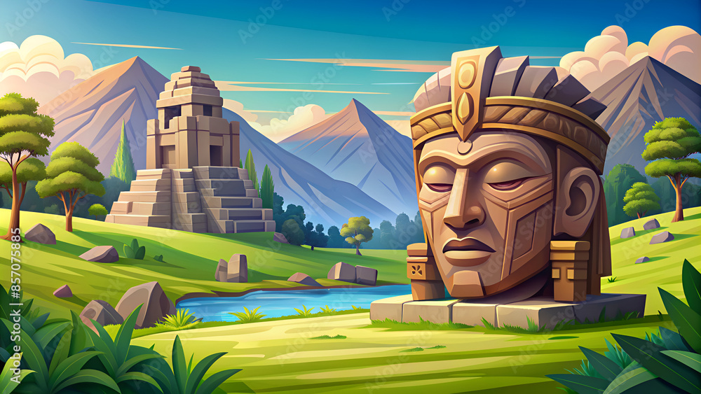 Ancient mayan civilization stone head sculpture ruins on valley with ...