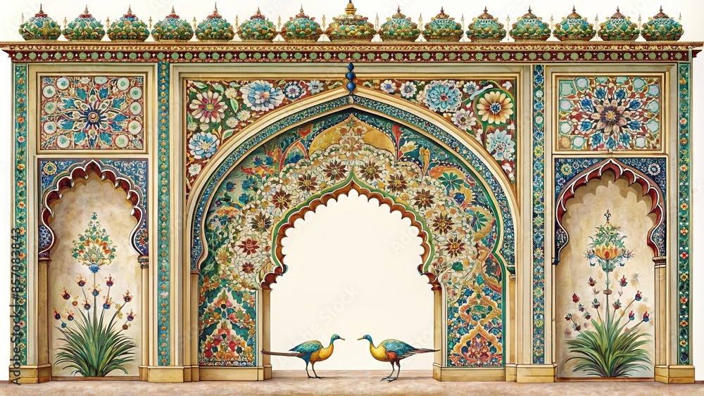 Mughal arch with intricate designs and peacocks in watercolor style ...