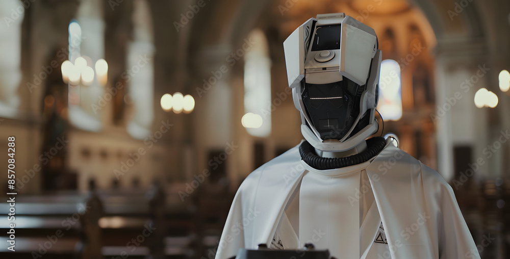 AI robot dressed in priest's robes, preaching in a church. This ...