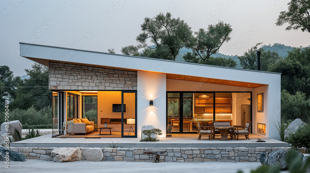 Photograph of a small, single-story modern house in rural China. The ...