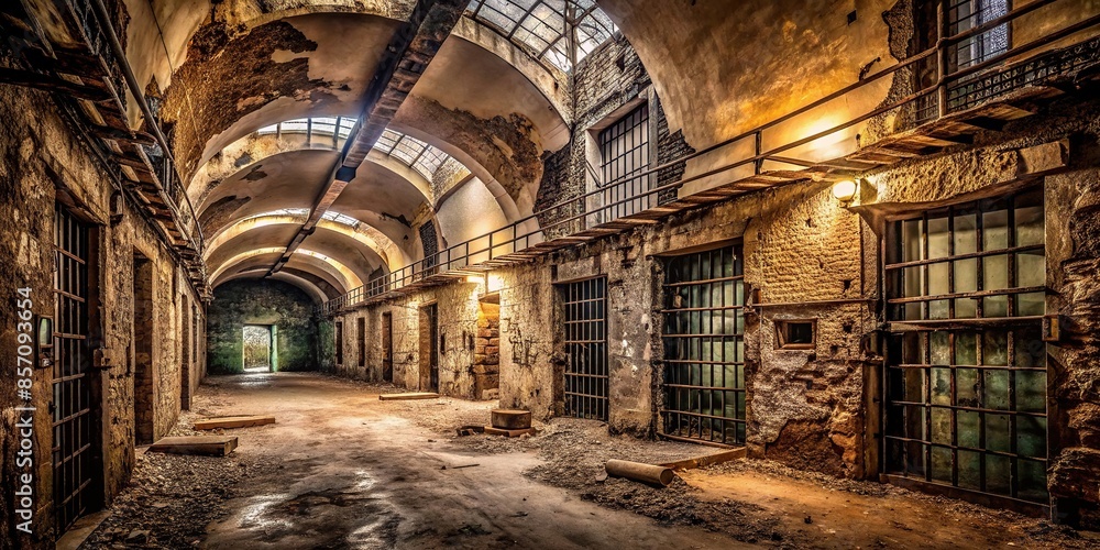 Dark and eerie abandoned underground prison fortress with crumbling ...