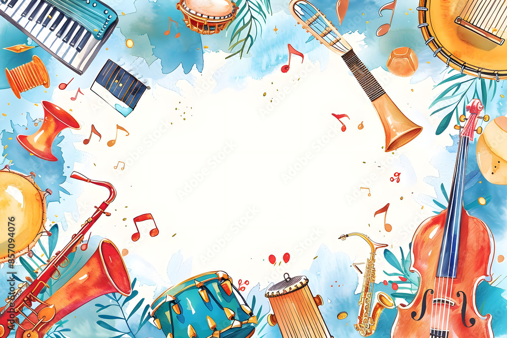 Cute cartoon music instruments frame border background in watercolor ...