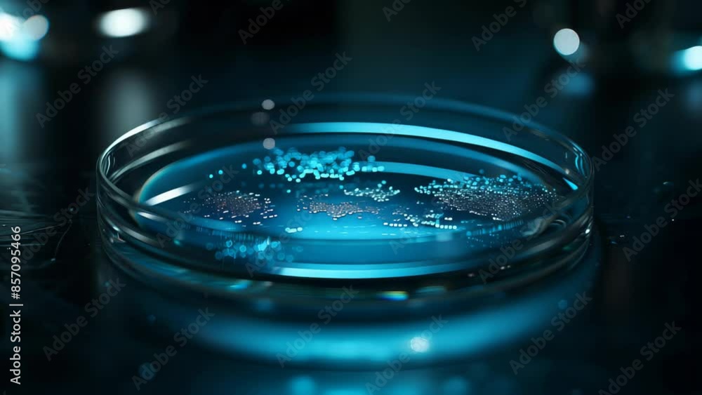 Close-up of a petri dish with nanobot experimentation or Bacterial Cultures, featuring glowing ...
