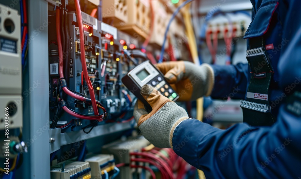 electrical maintenance service, Engineer holding AC voltmeter checking ...
