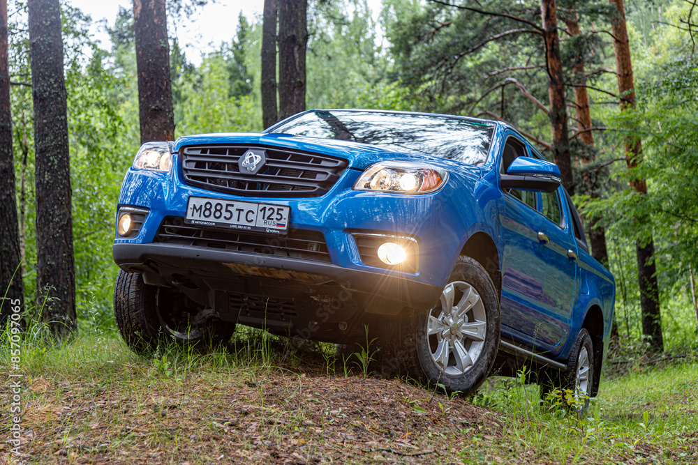 Moscow, Russia - June 2024: Blue pickup truck in the forest. sollers ...