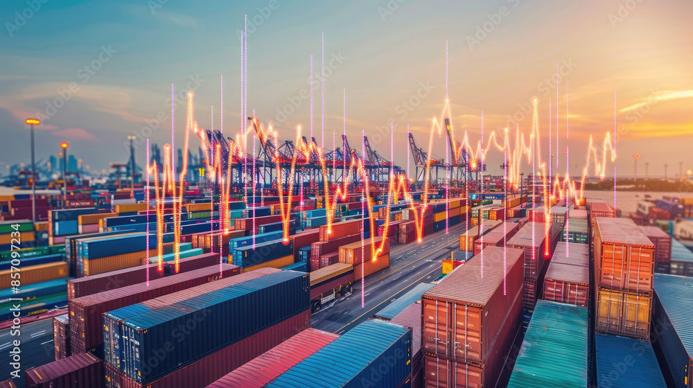 Graph of trading statistics with a background of shipping containers at ...