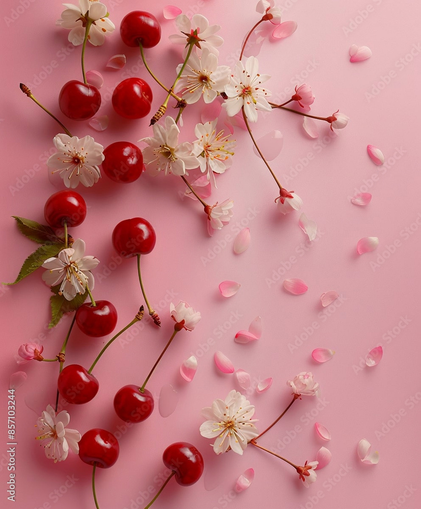 Pink background with red delicious cherry and flower petals Stock Photo ...