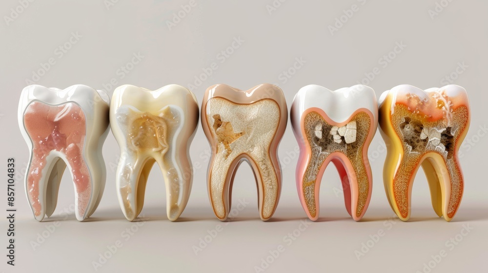 The image shows a series of five teeth with varying stages of decay and ...
