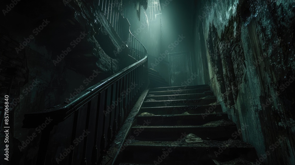 Staircase leading to a dimly lit basement with a tattered wall creating ...