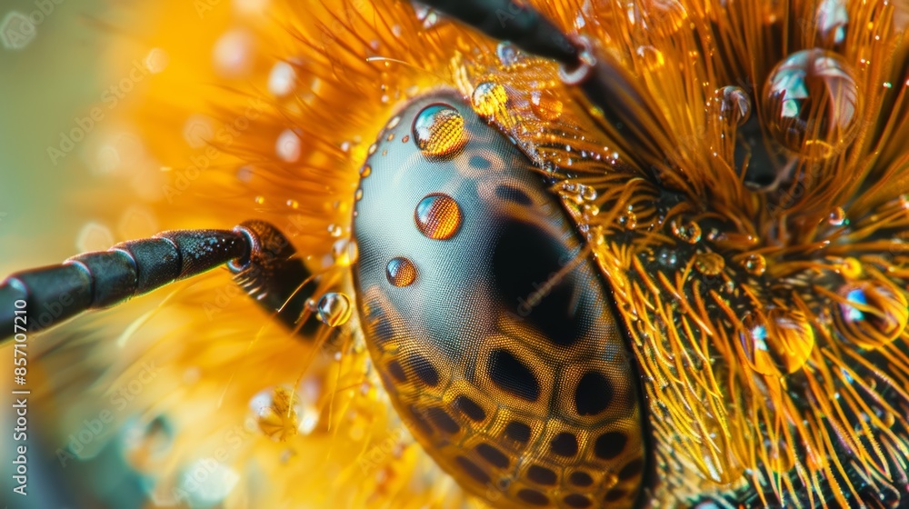 This image shows a close-up view of an insect's eye and head, covered ...