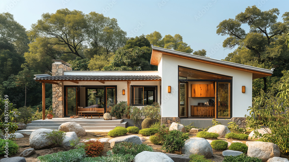 Photograph of a small, single-story modern house in rural China. The ...