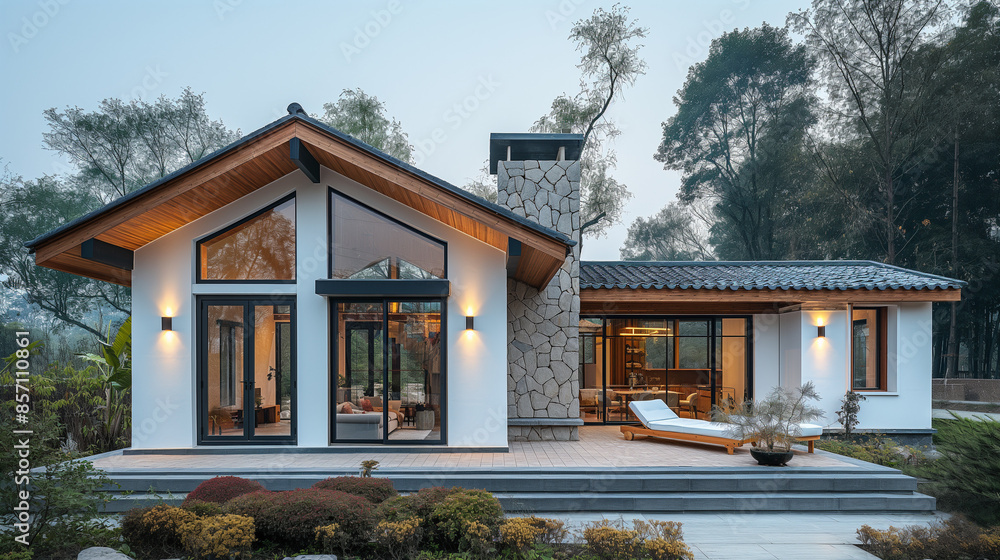 Photograph of a small, single-story modern house in rural China. The ...