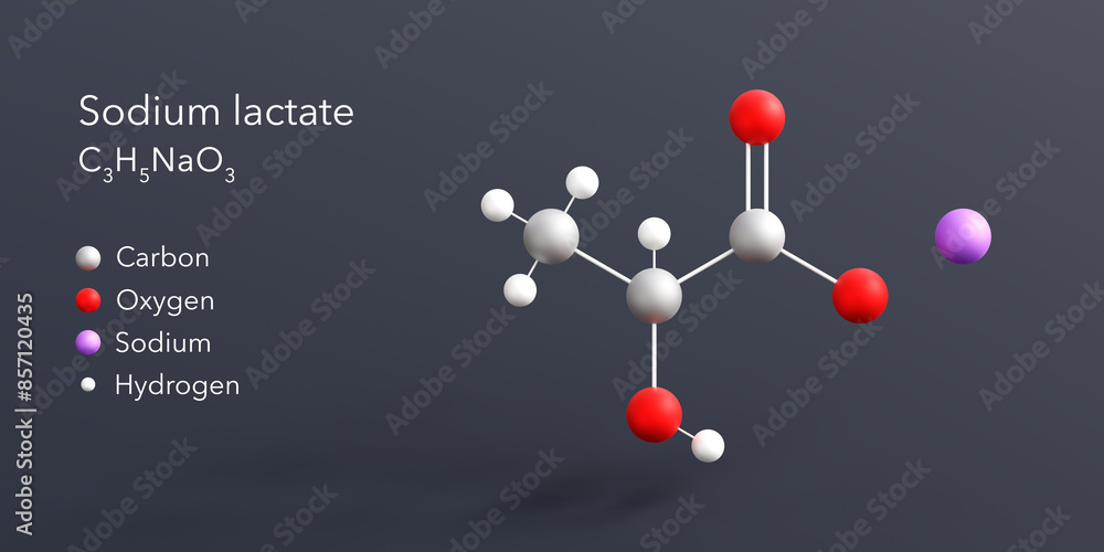 sodium lactate molecule 3d rendering, flat molecular structure with ...