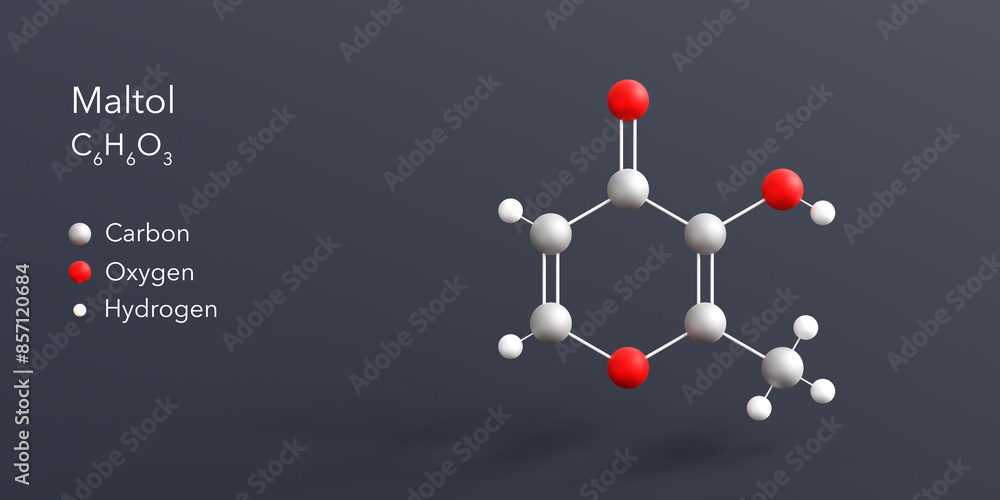 maltol molecule 3d rendering, flat molecular structure with chemical ...
