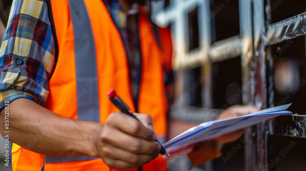 Labor inspection concept - Inspector taking note with paper and pen of ...