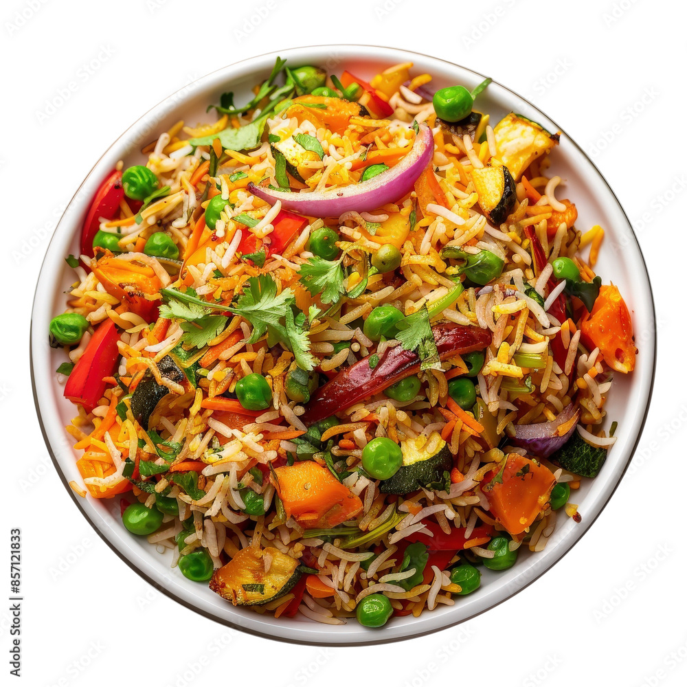 Colorful vegetable biryani in white bowl. Indian mixed rice with peas ...