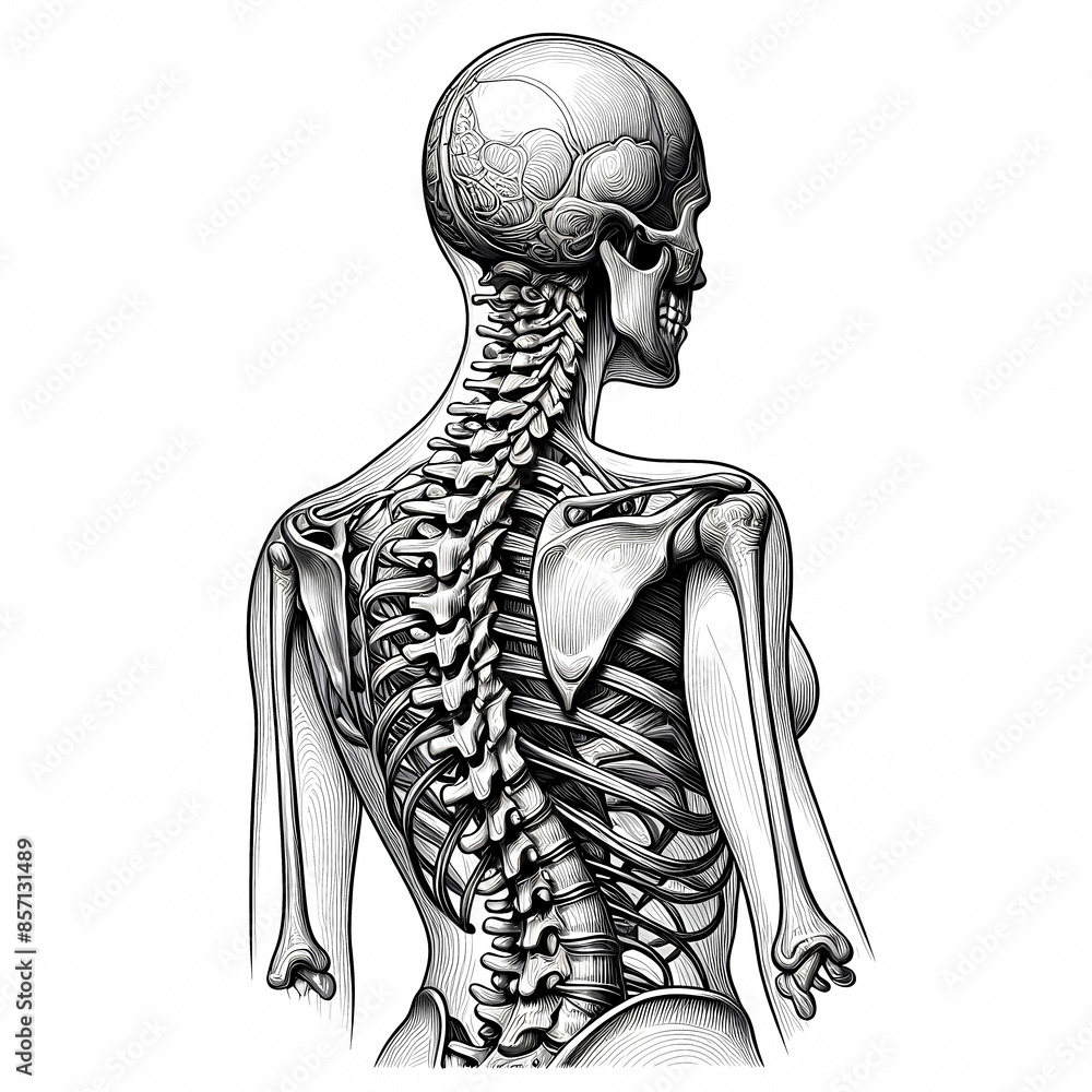 Black and white anatomy vector illustration showing the skeletal ...