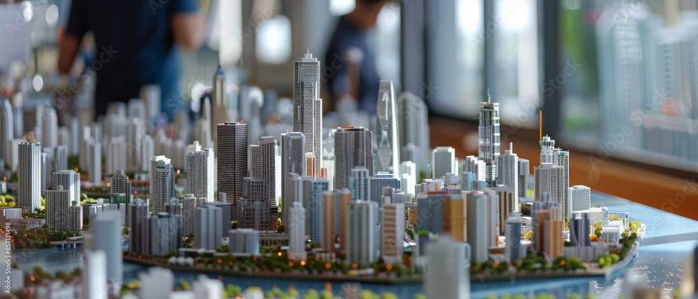 An intricate scale model of a modern city with tall buildings and ...