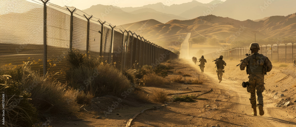Soldiers march along a dusty border fence under a hazy sunset ...