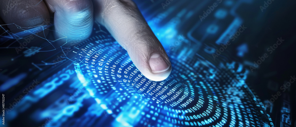 A finger interacts with a glowing, high-tech fingerprint scanner ...