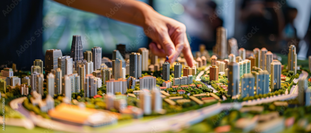 Detailed scale model of a bustling city with skyscrapers, streets, and ...