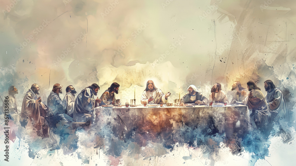 A watercolor painting depicting Jesus Christ and his disciples gathered ...