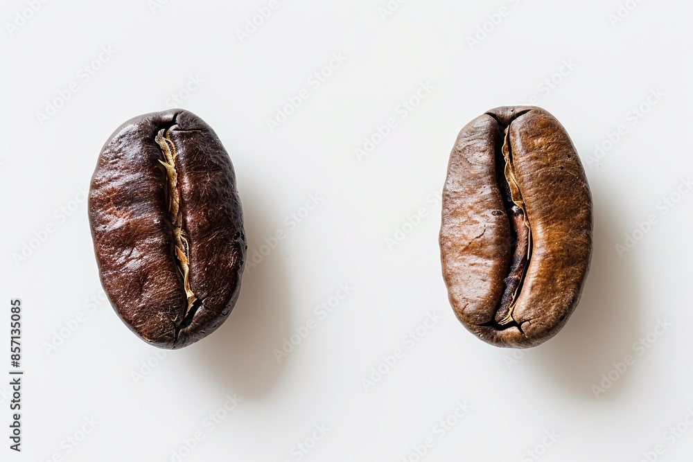 One robusta bean and one arabica bean on a white background, close-up ...