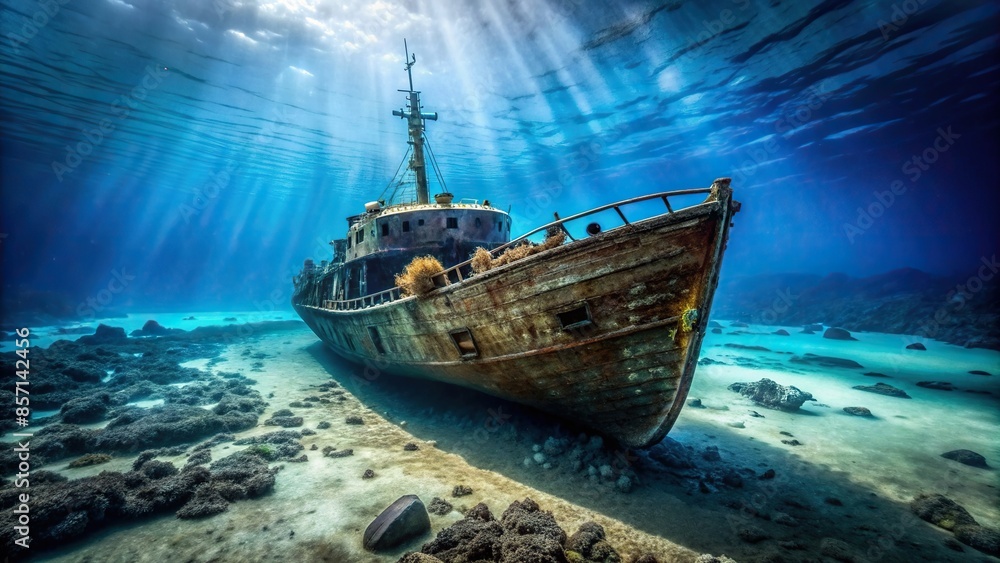 Old weathered ship at the bottom of the deep ocean, shipwreck, nautical ...