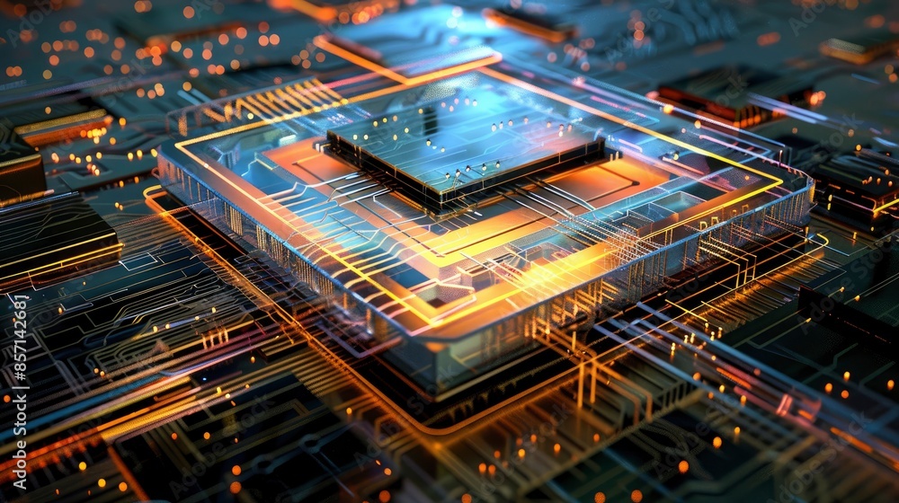 Detailed layers of a semiconductor chip highlighted in an exploded view ...