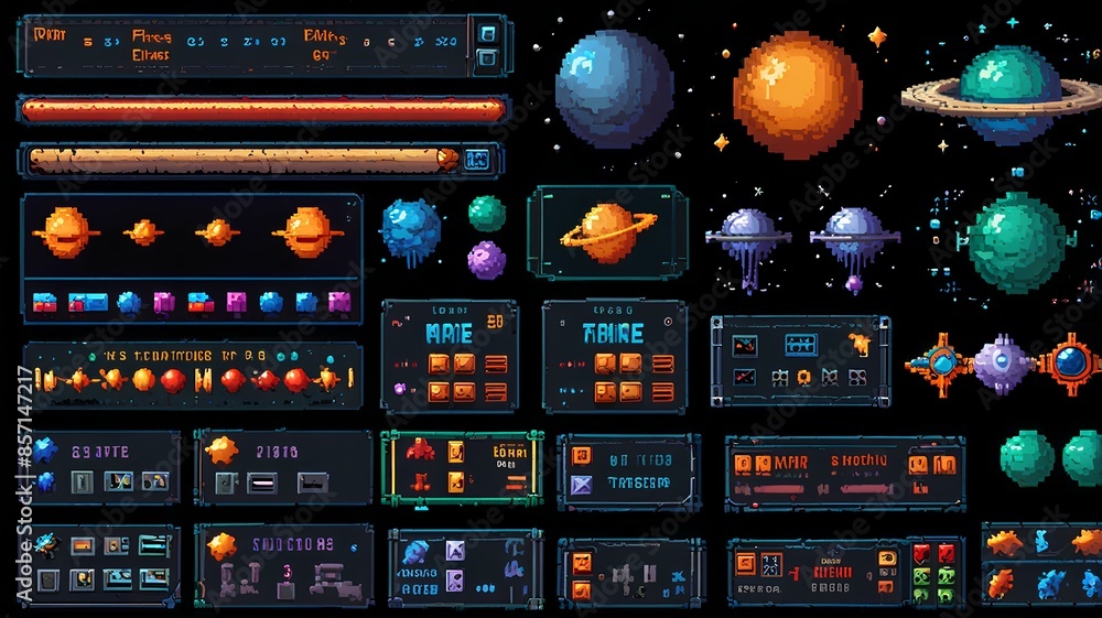 An 8bit pixel art game asset collection, featuring space planets, rockets, and starcraft ...