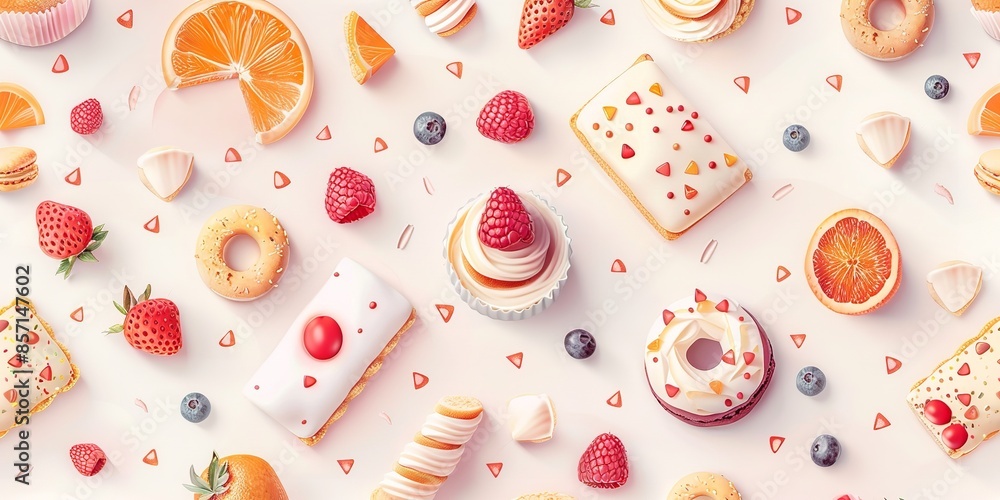 An illustration of various snacks as a seamless pattern on plain soft ...