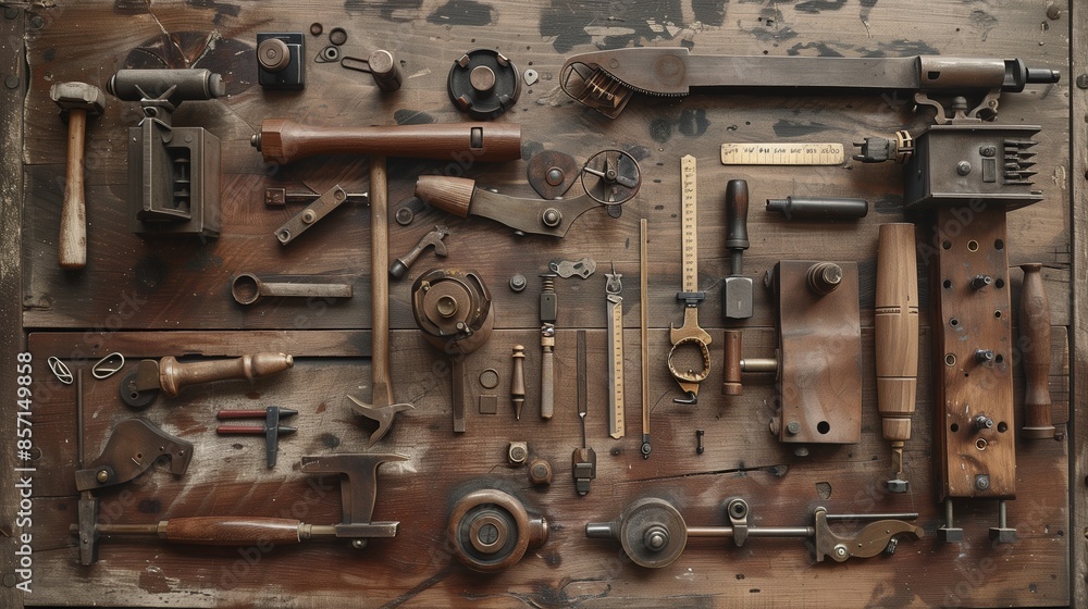A detailed flat lay of an assortment of antique woodworking instruments ...