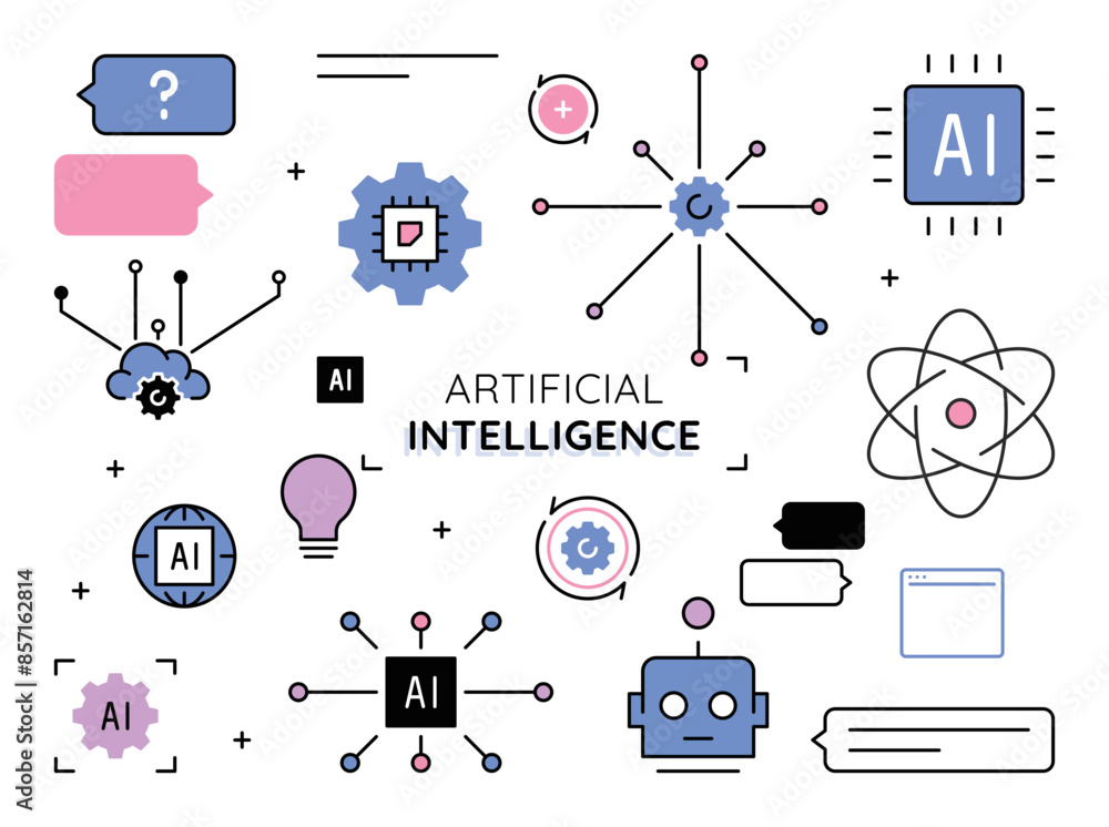 Set of artificial intelligence related icons, machine learning, smart ...